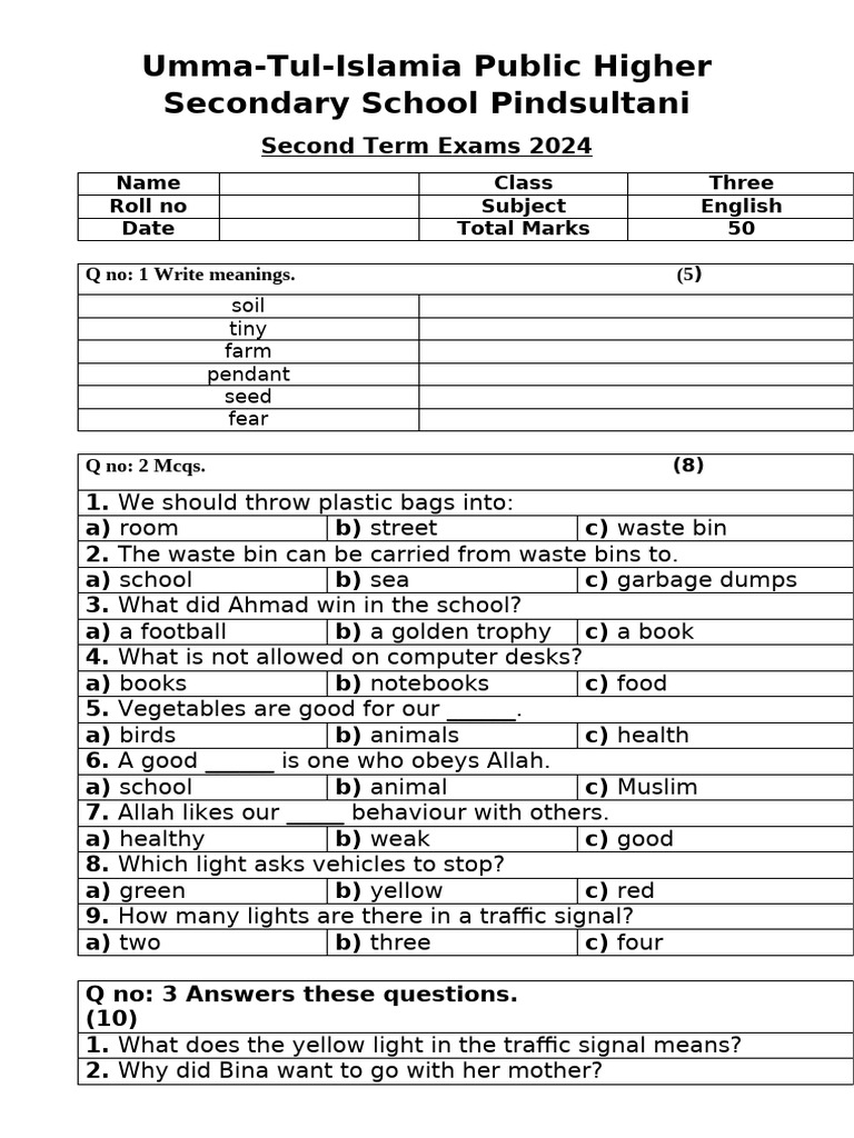 2024 English Exam Paper for Class Three | PDF