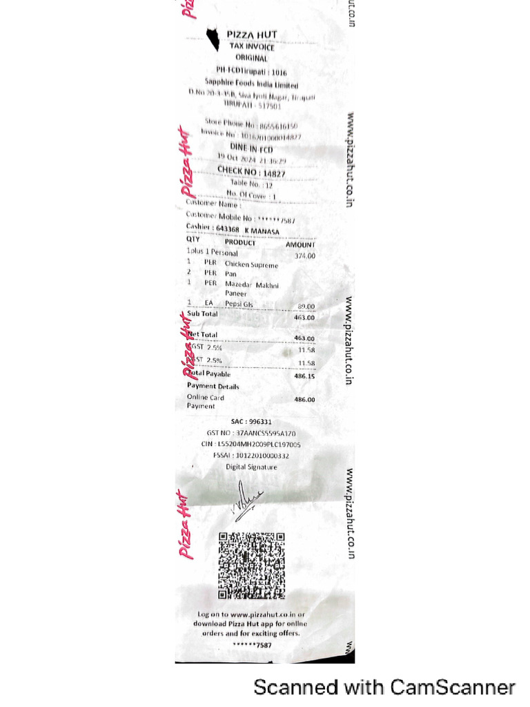 Pizza Hut Bill | PDF