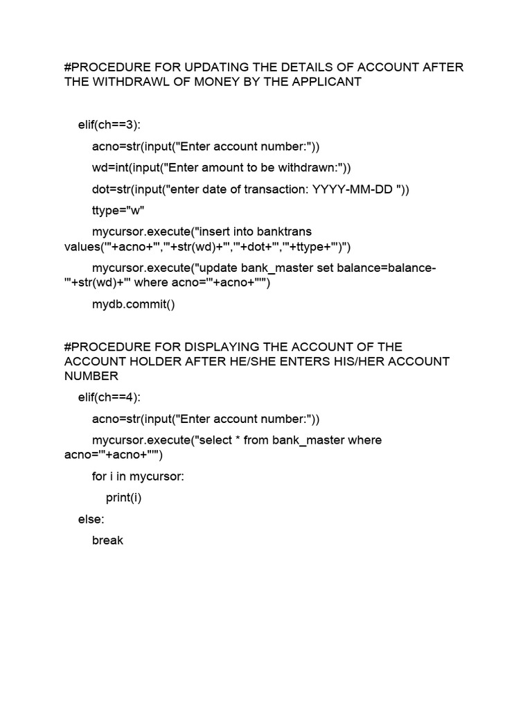 Procedure For Updating The Details of Account After The Withdrawl of ...