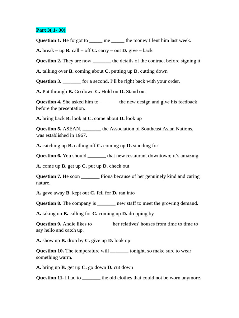 English Phrasal Verbs Quiz 1-30 | PDF