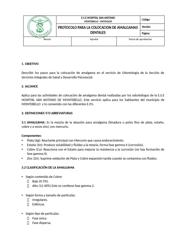 PROTOCOLO PARA LA COLOCACIÓN DE AMALGAMAS DENTALES MONTEBELLO | PDF ...
