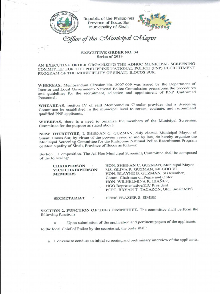 E.O 34 An Executive Order Organizing The Adhoc Municipal Screening ...