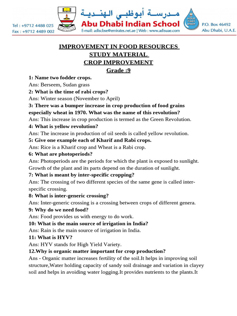 Improvement in Food ResourcesStudy Material Part 1 | PDF | Agriculture ...