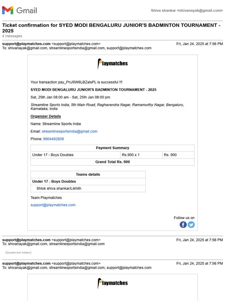 Gmail - Ticket Confirmation for Syed Modi Bengaluru Junior's Badminton Tournament - 2025 | PDF