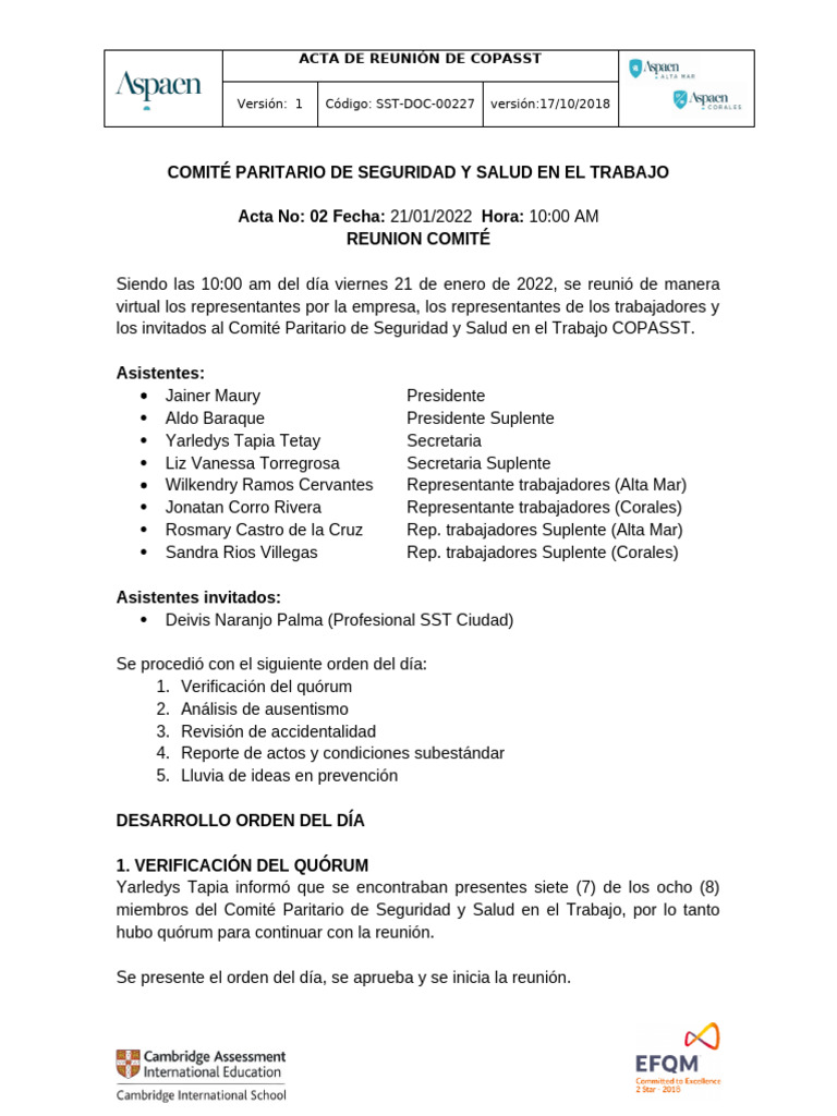 Acta Reunión COPASST - Enero 2022 | PDF
