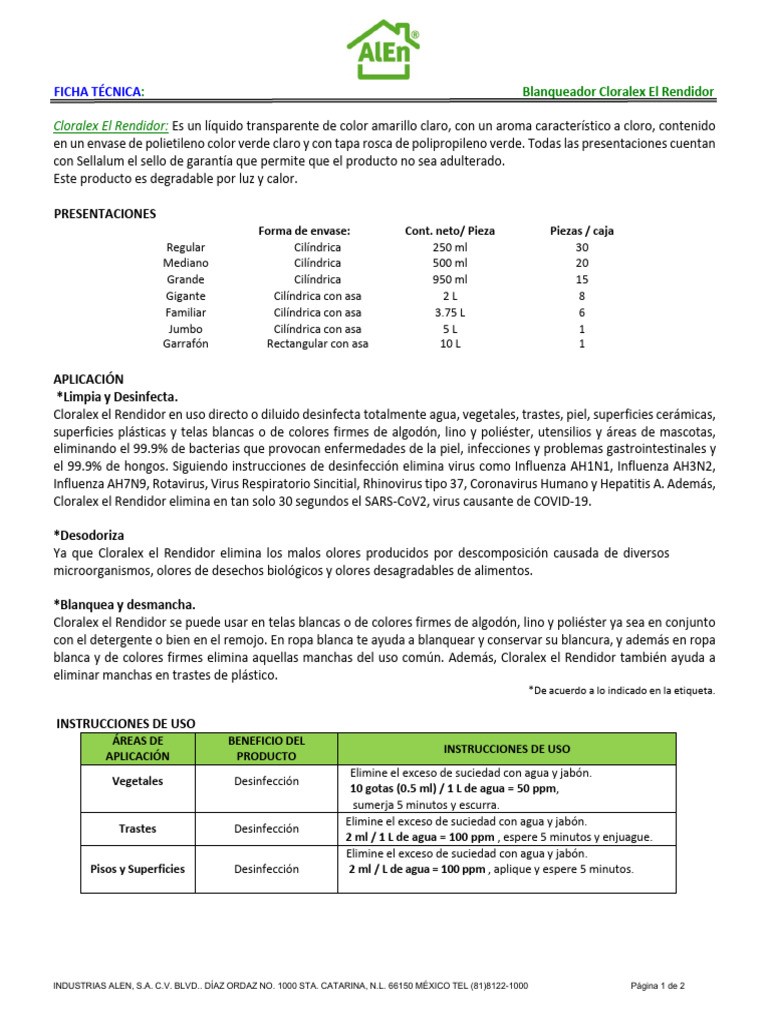 Ficha Técnica y Hoja de Seguridad - Cloralex | PDF | Amoníaco | Agua