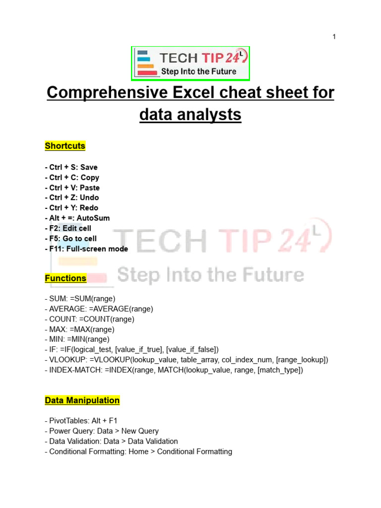 Excel Cheatsheet Pdf Data Analysis Computing 7471