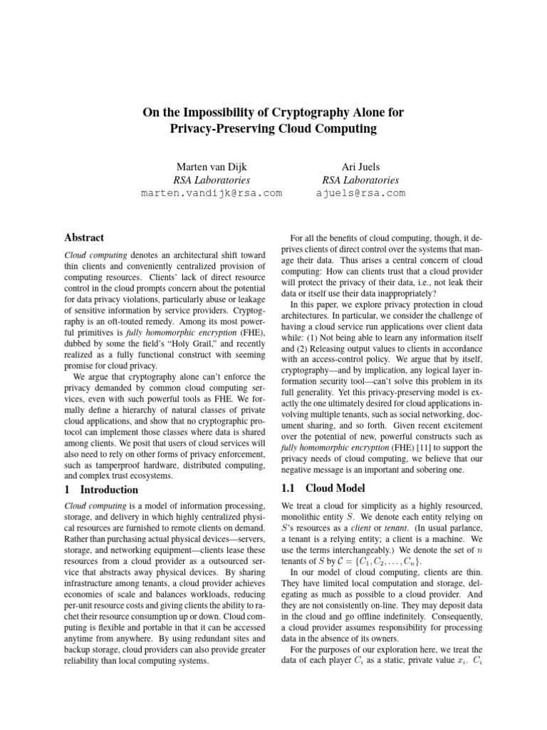 (2010) On The Impossibility of Cryptography Alone For Privacy Preserving Cloud Computing | PDF ...