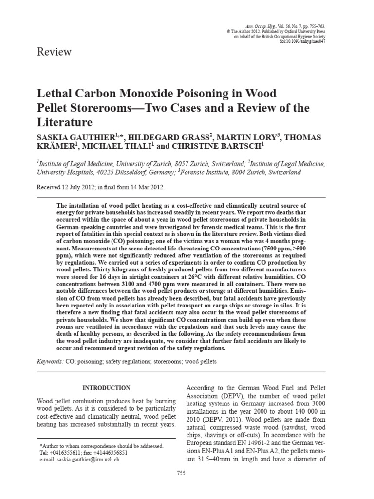 2012 - Lethal Carbon Monoxide Poisoning in Wood Pellet ST | PDF ...