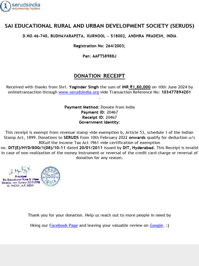 SERUDS Donation Receipt - INR 1,80,000 | PDF