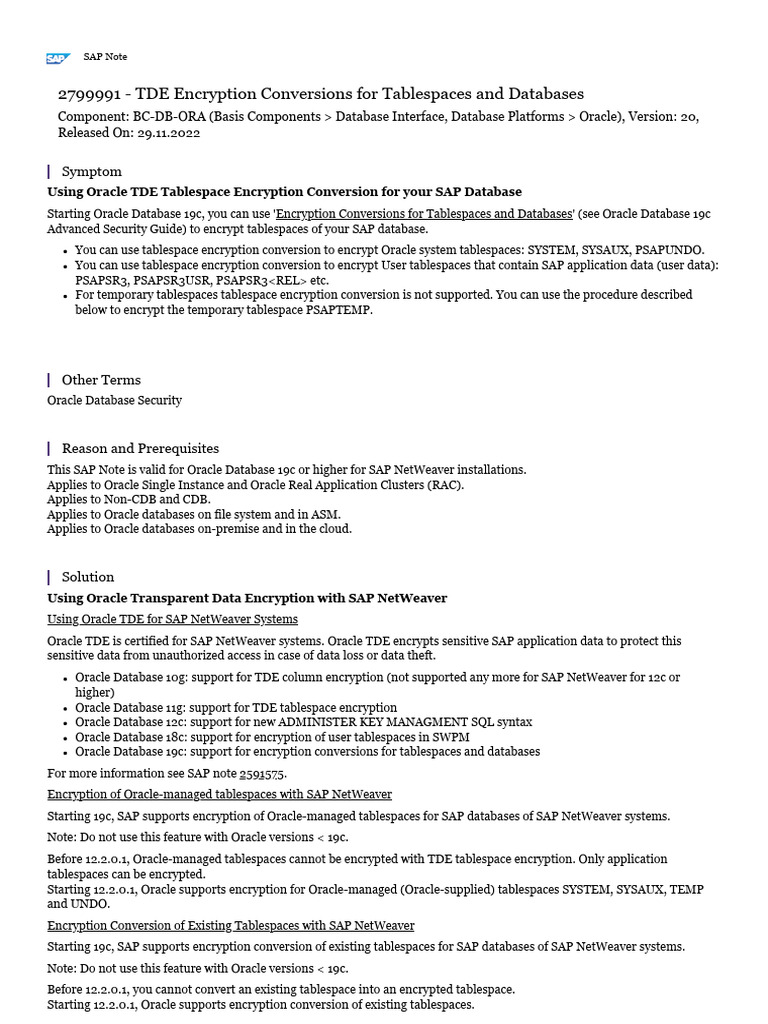 SAPNote 2799991 | PDF | Databases | Encryption