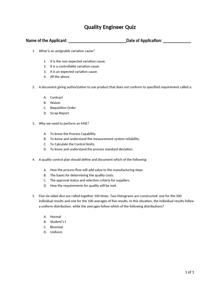 Quality Engineer Assessment Quiz | PDF | Statistical Theory ...