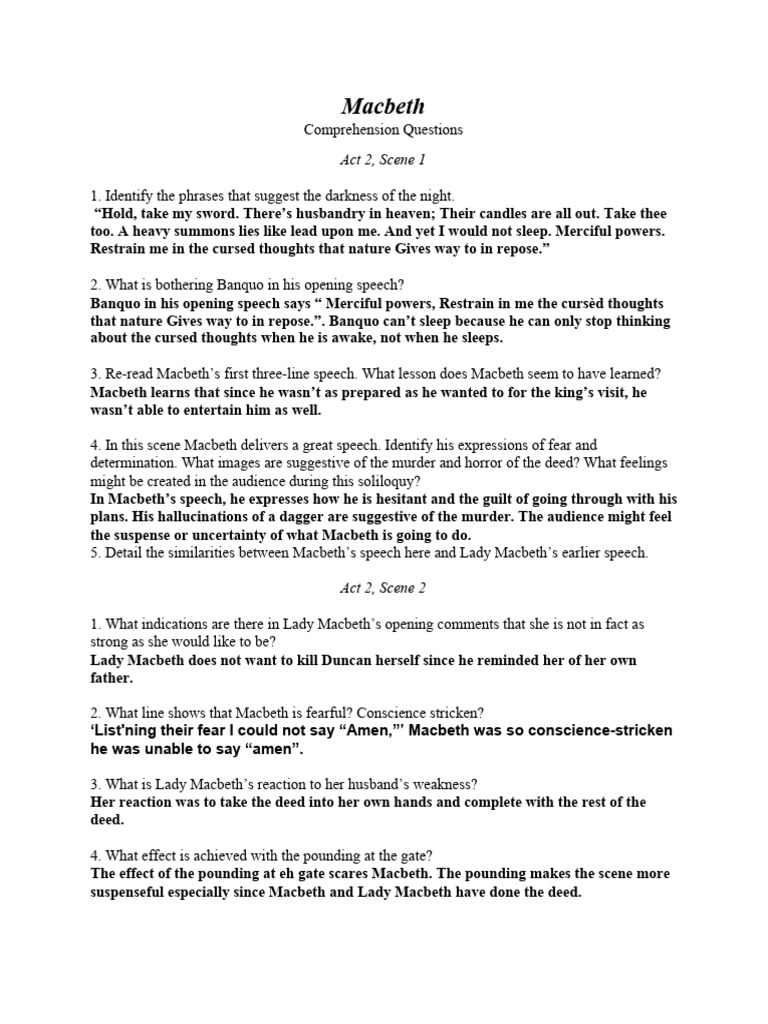 Comprehension Questions Act 2 Macbeth PDF | PDF | Macbeth ...