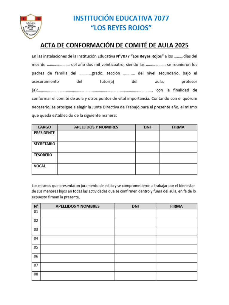 Acta de Conformación de Comité de Aula 2025 | PDF