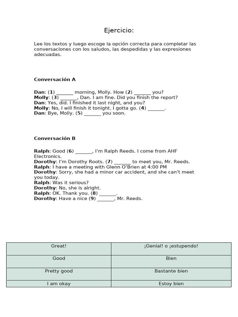 Actividad de saludos en inglés | PDF