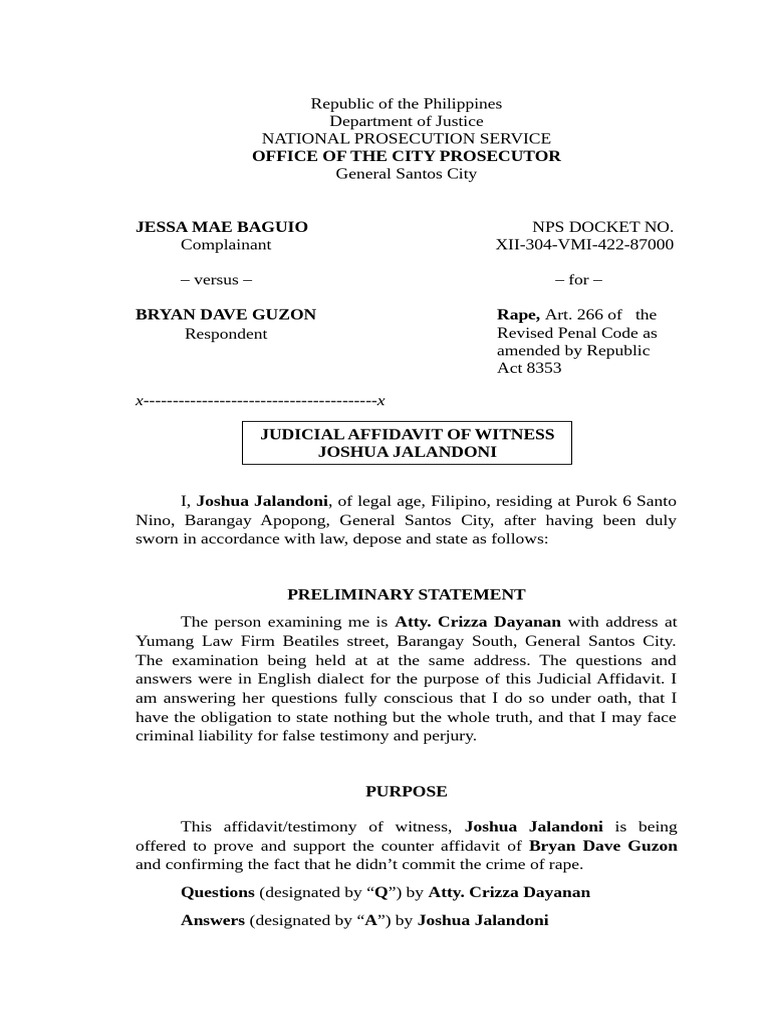 Judicial Affidavit of Joshua Jalandoni | PDF | Affidavit | Perjury