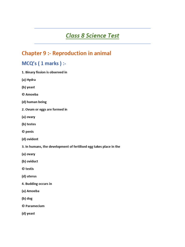 Class 8 Science (CH 9 J10 and 11) Test | PDF | Force | Fertilisation