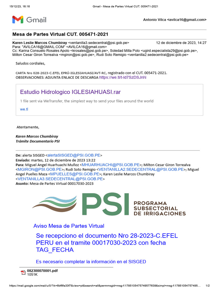 CARTA 028-2023 - C.EFEL PERU-IG - Conocimiento de Seguimiento de Trámite | PDF | Ambiente ...