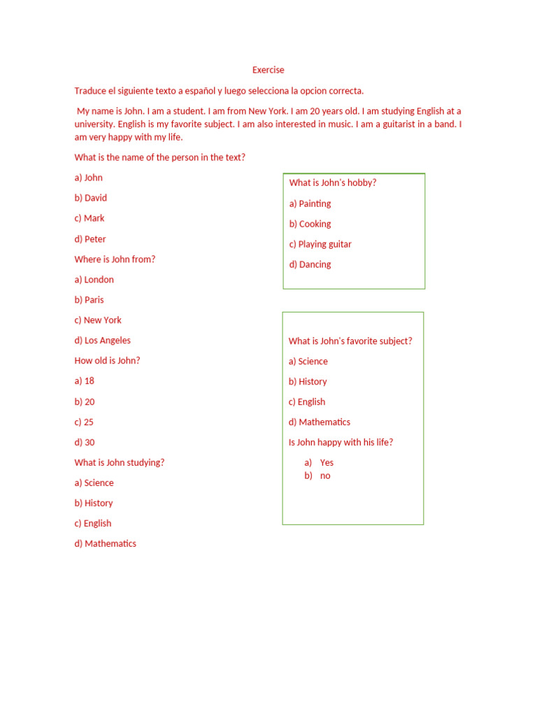 English to Spanish Translation Exercise | PDF