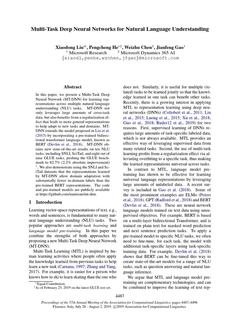 Multi-Task Deep Neural Networks For Natural Language Understanding | PDF | Learning | Cognition