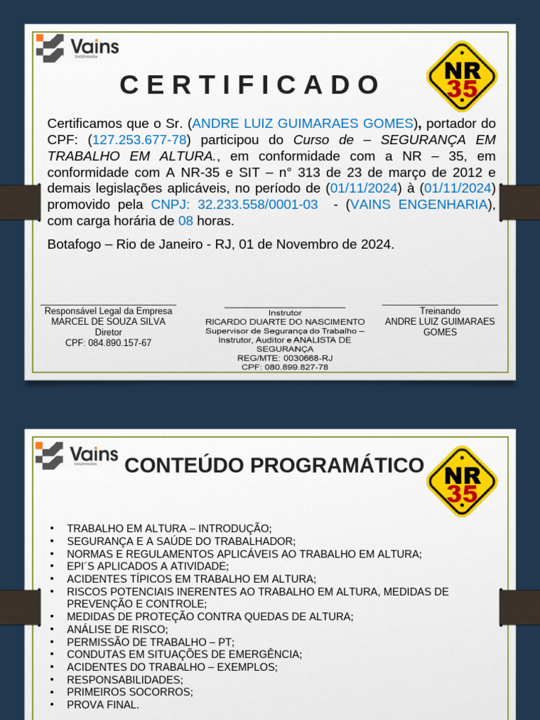 Certificado de Treinamento - NR-35 - Trabalho em Altura - ANDRE LUIZ GUIMARAES GOMES - 2024 ...