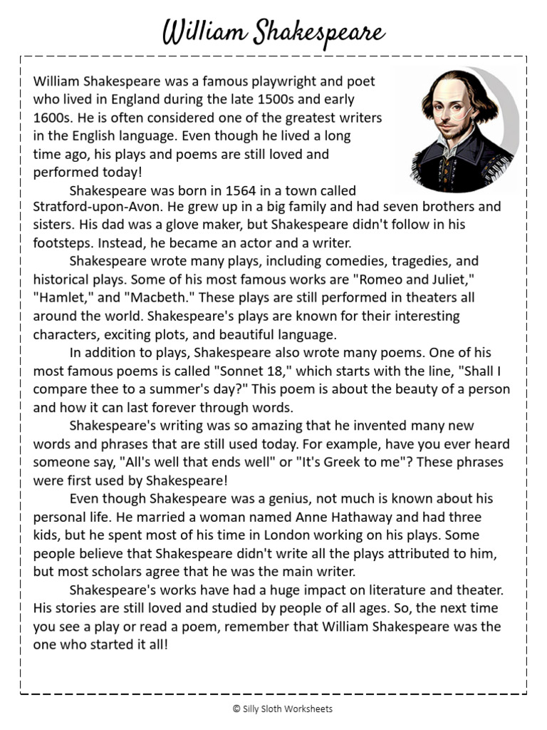 Shakespeare Biography Reading Assignment | PDF | William Shakespeare