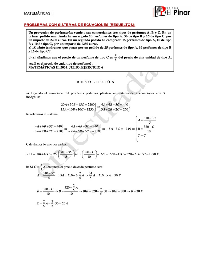 Problemas Sistemas de Ecuaciones Selectividad Resueltos (Matemáticas Ii) | PDF