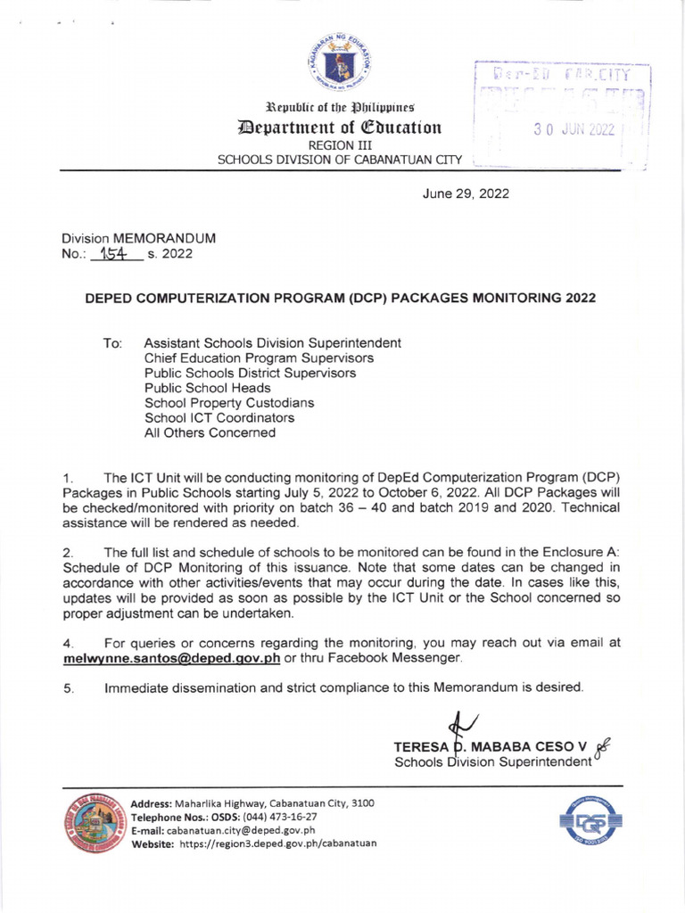 DM No. 154, S. 2022 - DEPED Computerization Program (DCP) Packages ...