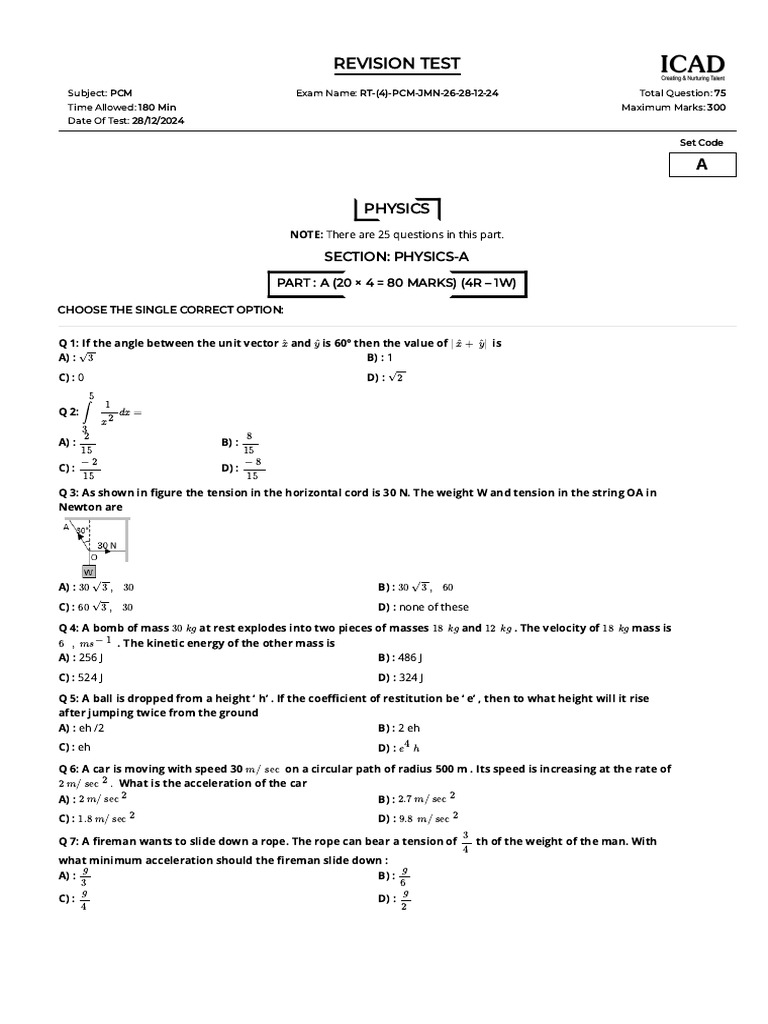 RT 4 JMN 26-28-12 24 Final Answer Key | PDF | Force | Velocity
