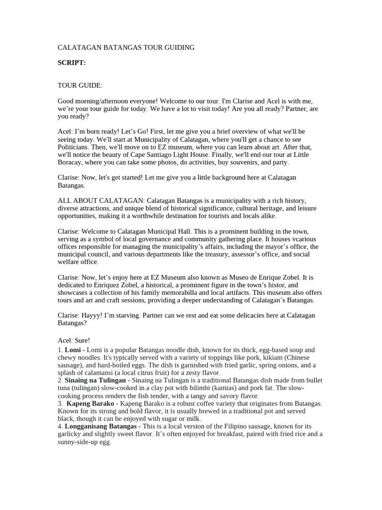 Calatagan Batangas Tour Guiding Script | PDF | Sausage | Foods