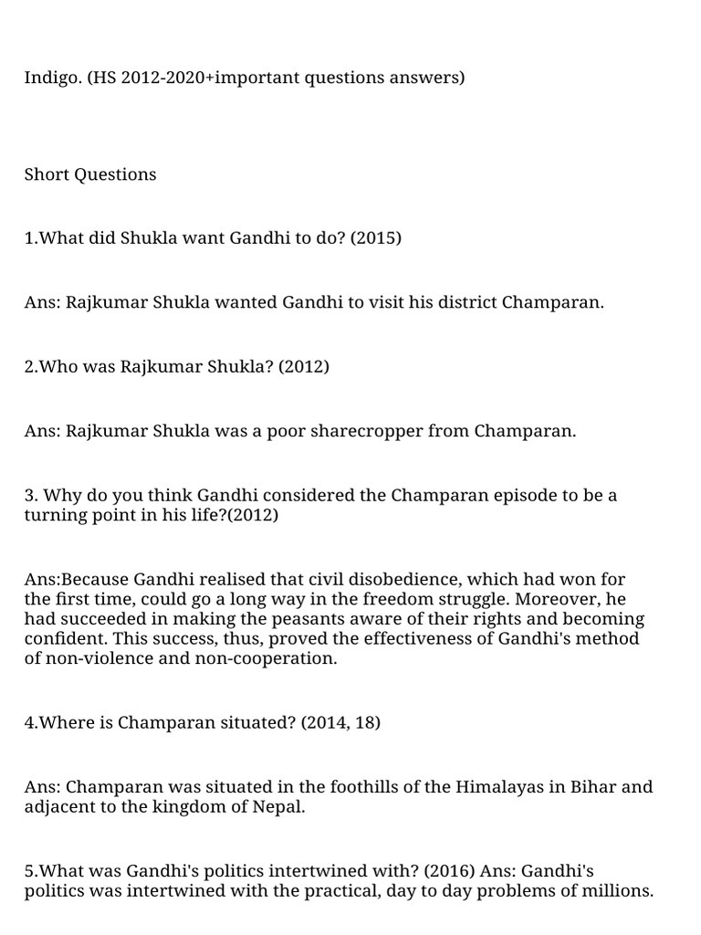 Indigo (HS 2012-20+Important Questions Answers) | PDF | Mahatma Gandhi | British Raj