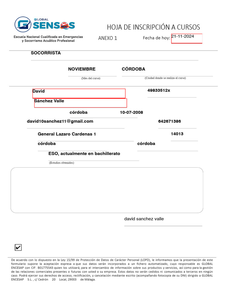 Hoja Inscripcion Alumnos | PDF | Documento de identidad
