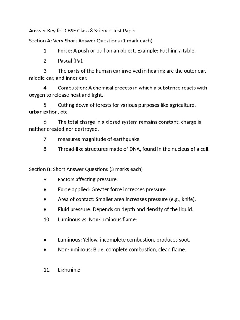 Grade 8 CBSE Science Test | PDF | Pressure | Water
