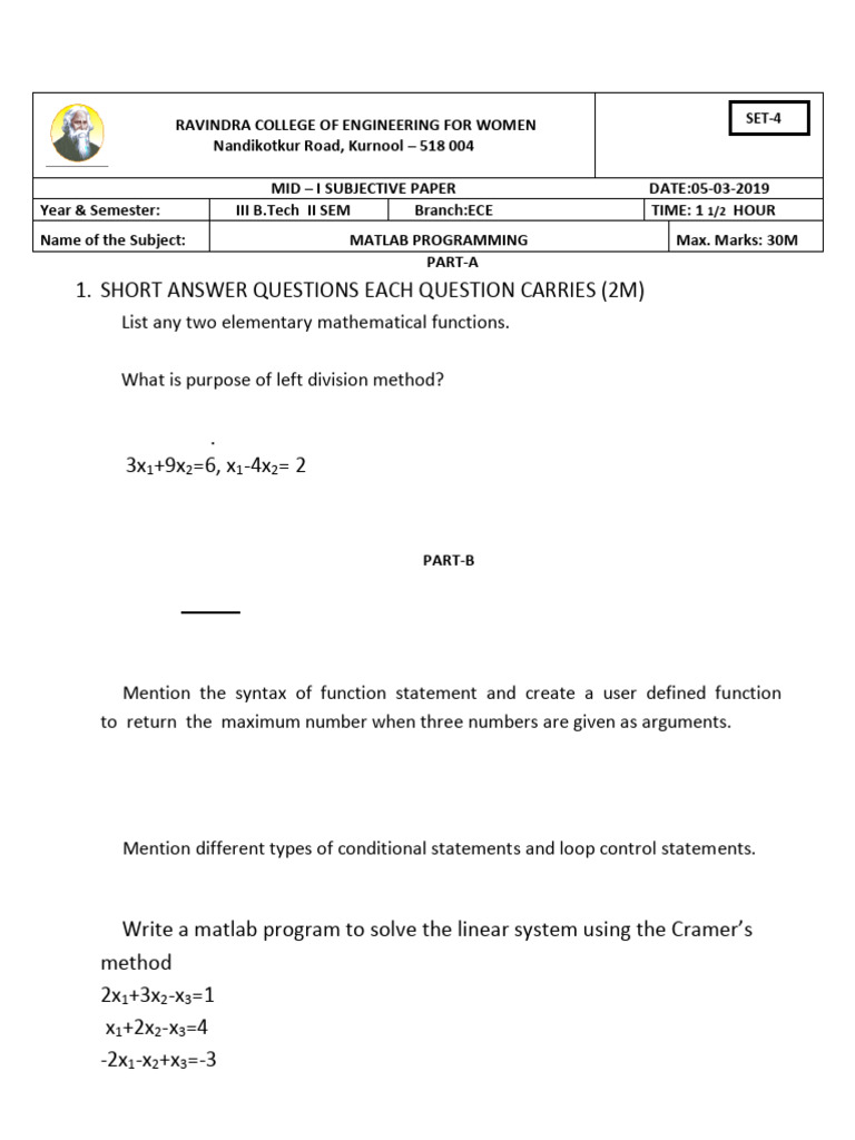MATLAB Previous Question Papers | PDF | Matlab | Matrix (Mathematics)