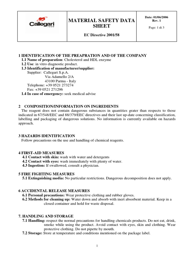 Cholesterol HDL Enzyme Safety Data Sheet | PDF | Water | Personal ...