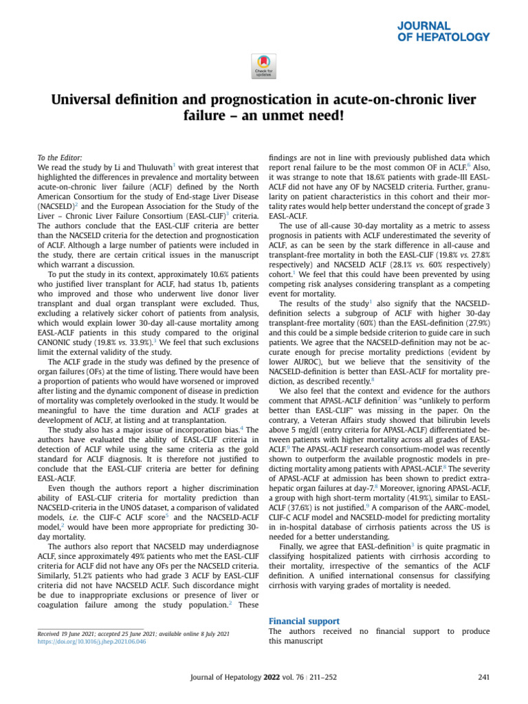 Universal Definition and Prognostication in Acute-On-Chronic Liver ...