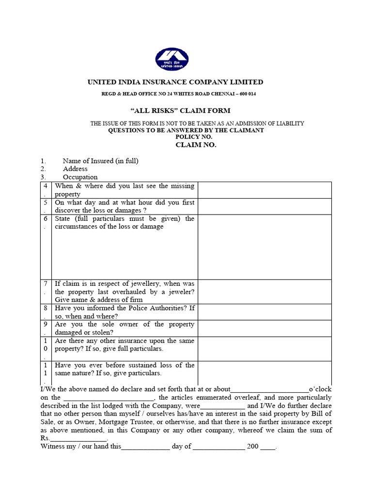 All Risks Claim Form | PDF | Insurance | Business