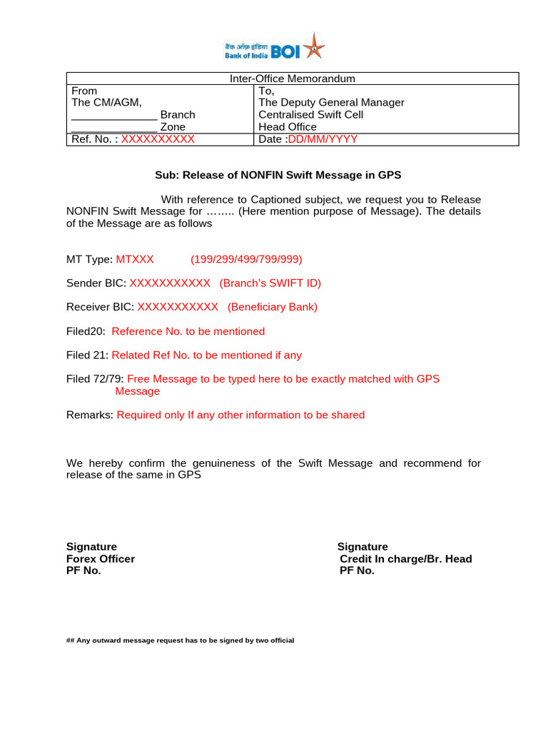 Release Request for NONFIN Swift Message | PDF