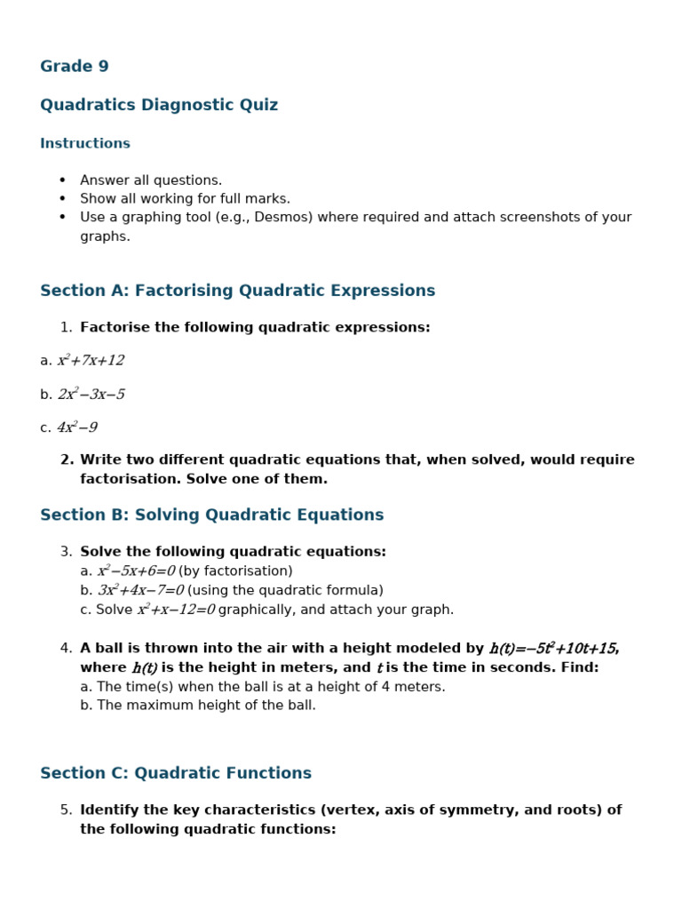 Grade 9 Quadratics Diagnostic Quiz | PDF | Quadratic Equation ...
