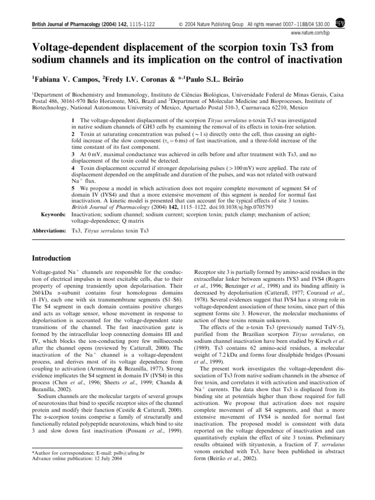 British J Pharmacology - 2009 - Campos - Voltage‐dependent displacement of the scorpion toxin ...