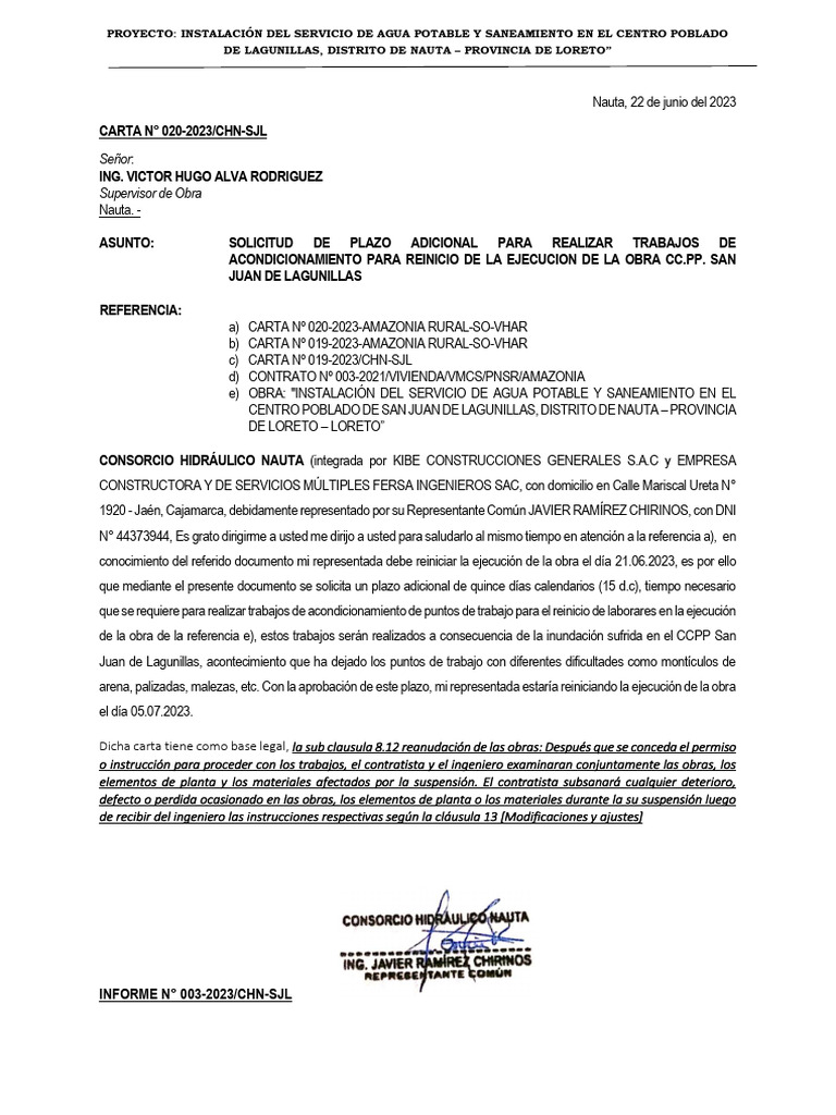 Carta 020-2023- SOLICITO PLAZO ADICIONAL PARA REINICIO DE OBRA POR TRABAJOS DE ACONDICIONAMIENTO ...