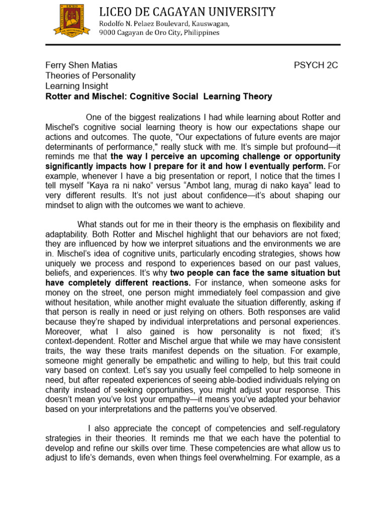 TOP INSIGHTS - Rotter and Mischel | PDF | Empathy | Learning