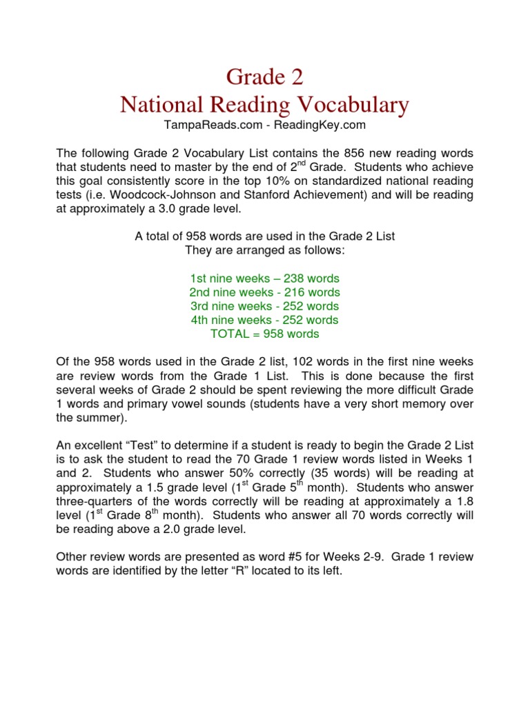 Grade 2 National Reading Vocabulary List | PDF