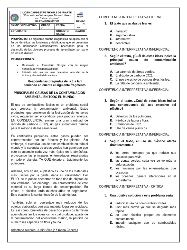 Prueba Diagnóstica Español Grado 7° 2024 | PDF | El plastico ...
