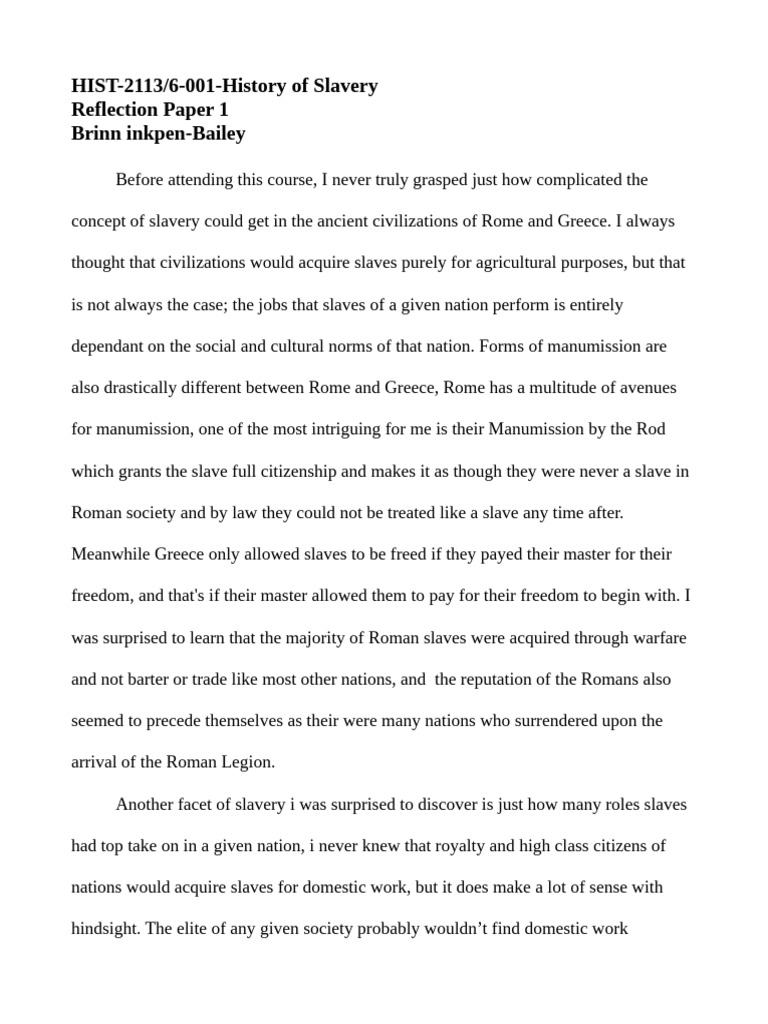 Reflection Paper 1 (Brinn Inkpen-Bailey) | PDF | Slavery | Citizenship