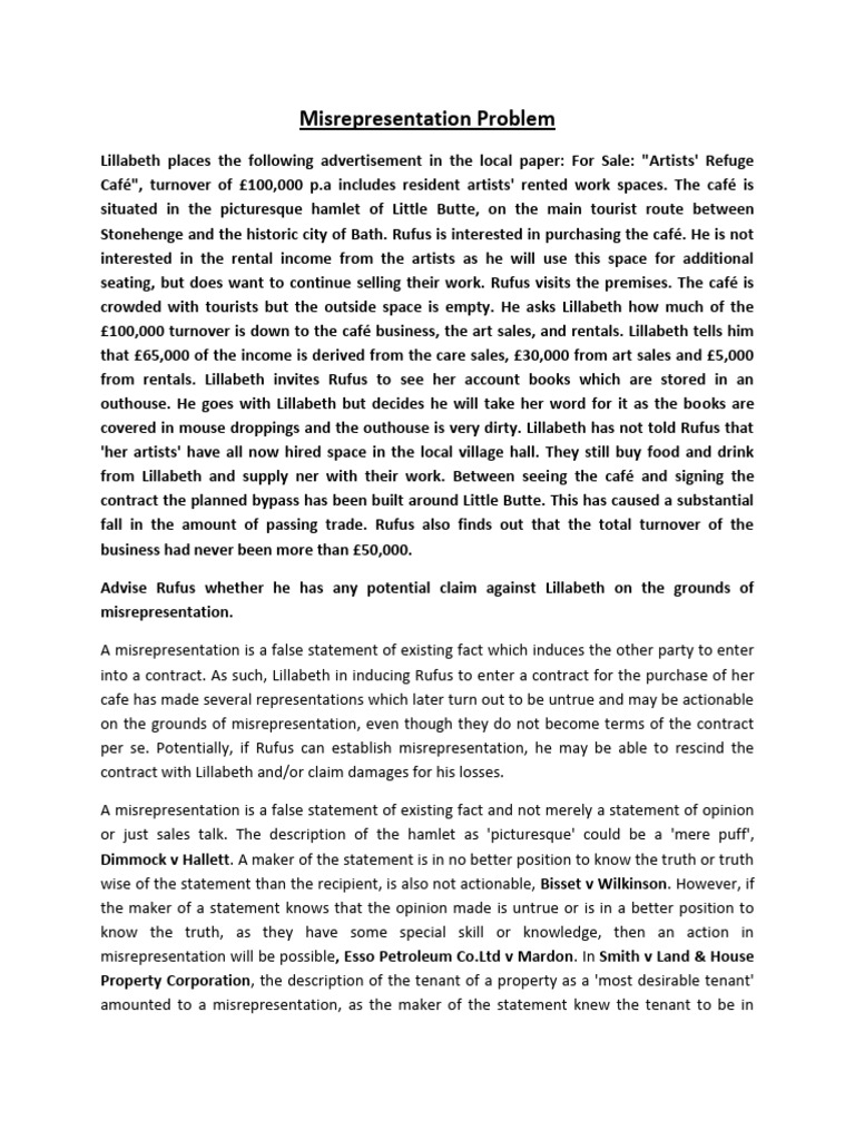 Misrepresentation Problem | PDF | Misrepresentation | Civil Law (Legal ...