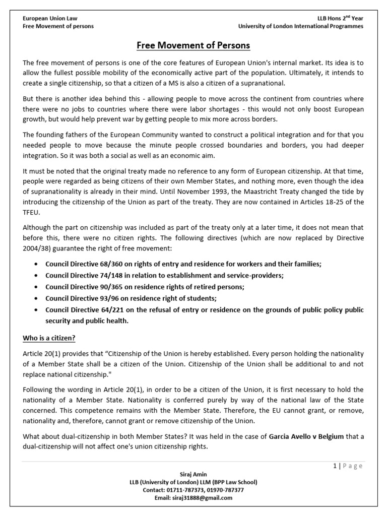 EU Free Movement: A Legal Overview | PDF | European Union Law | Freedom ...