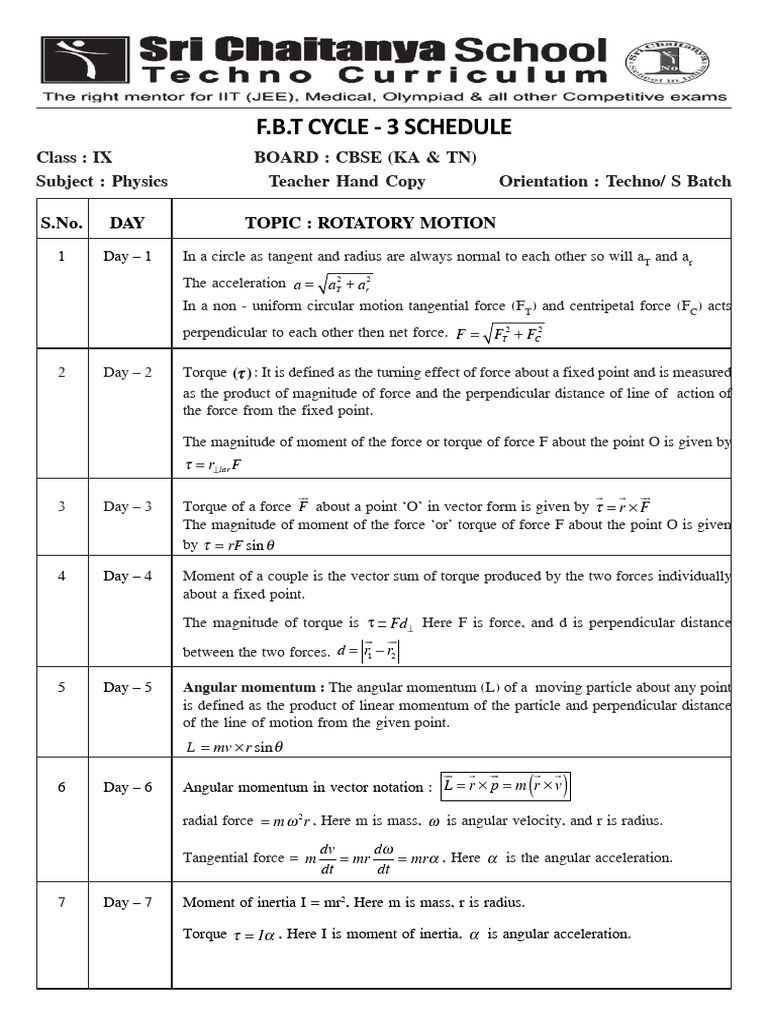 Ka & TN Cbse Physics Techno Ix MPC THC Schedules Fbts Cycle - 3 | PDF | Angular Momentum | Torque