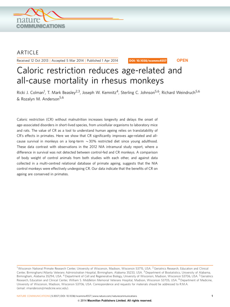 Caloric Restriction Boosts Monkey Longevity | PDF | Calorie Restriction ...