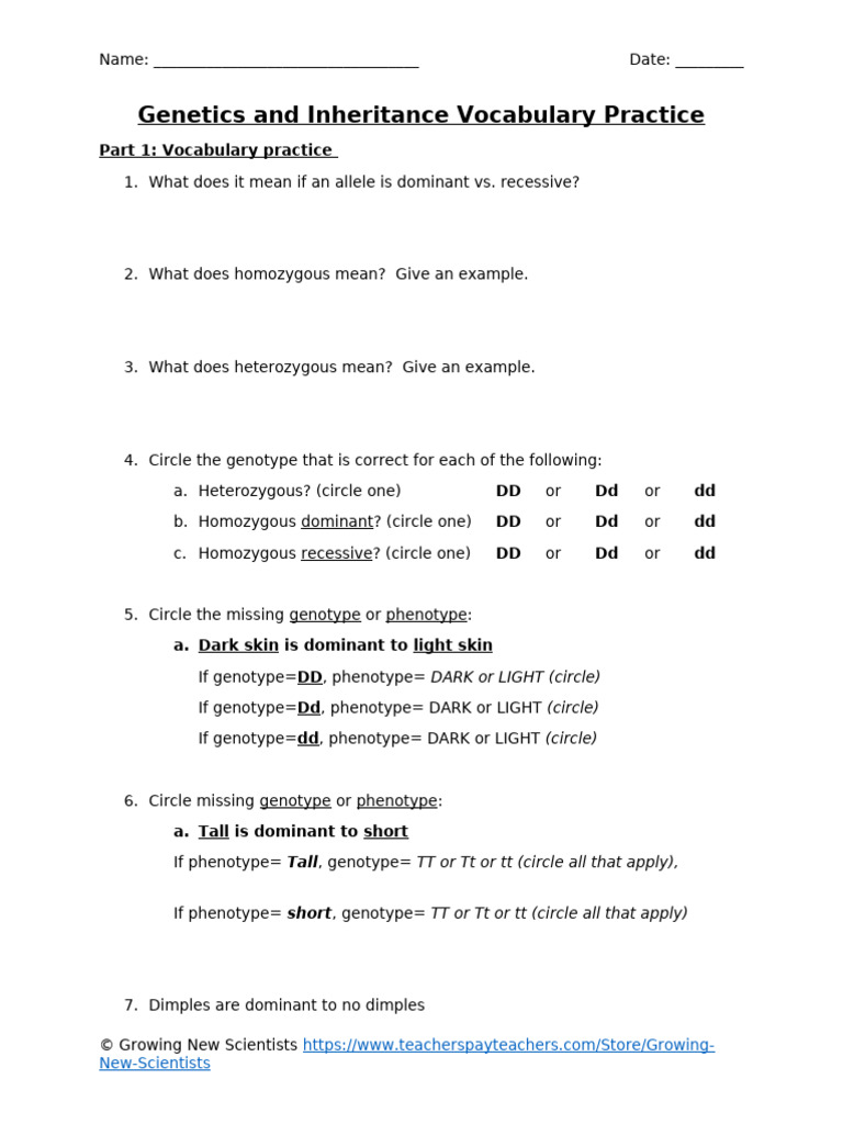 Genetics and Inheritance Vocabulary Practice | PDF | Dominance ...
